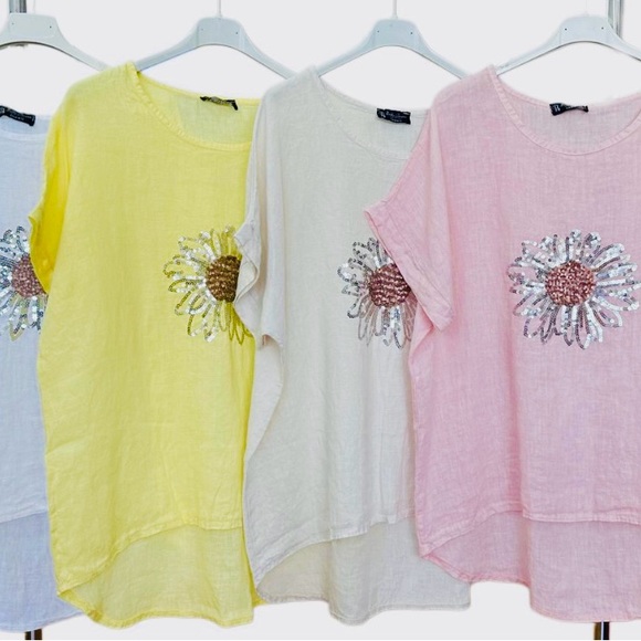 Tops | Margarita 10 Linen Made In Italy Elegant Tops Yellow Blue Pink ...